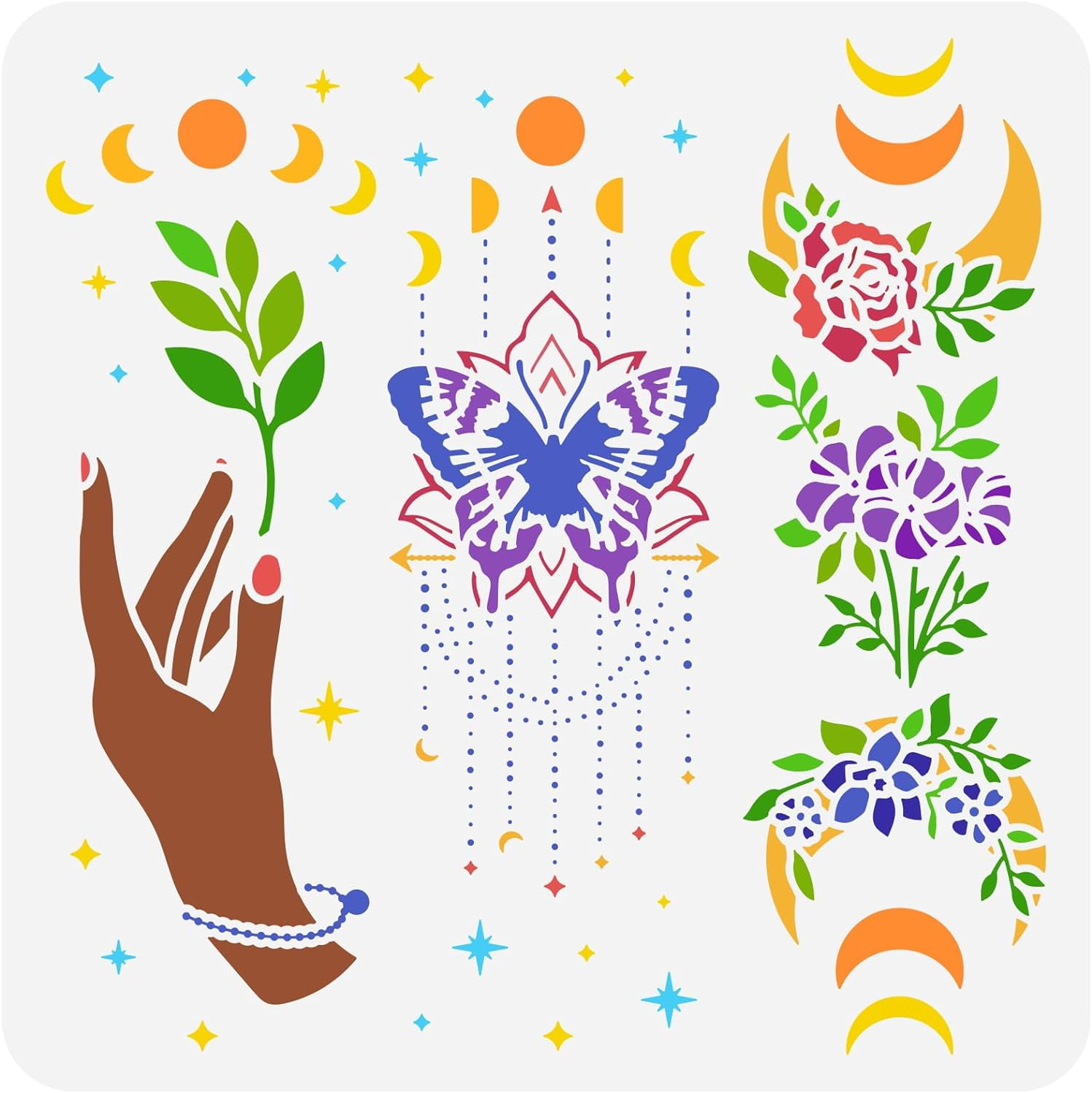 Boho Moon Phase Stencil 11.8x11.8 inch Minimalist Hand Stencil Plastic ...