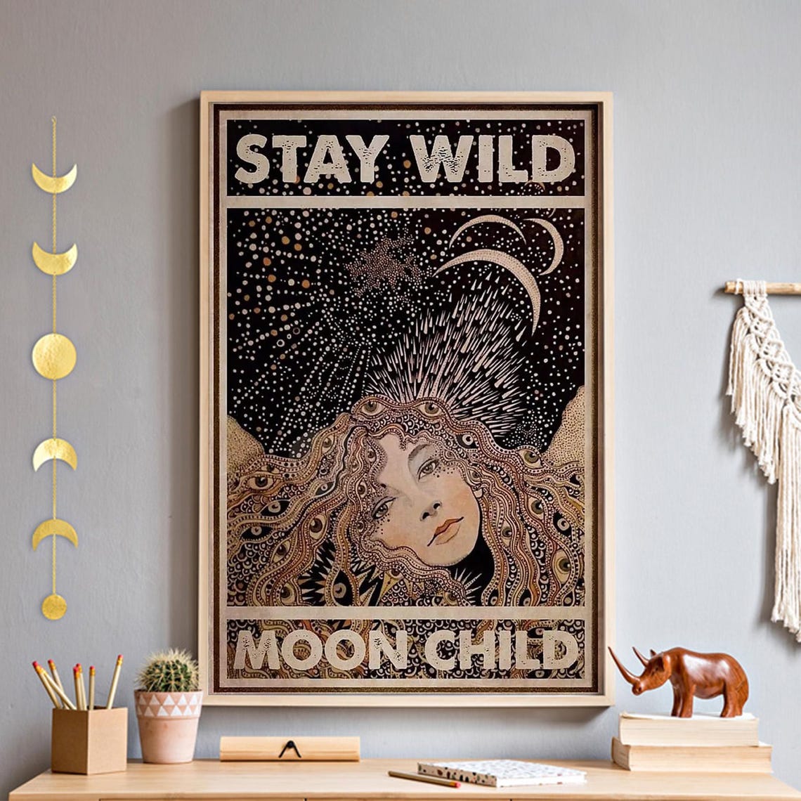 Boho Moon Phase Wall Art, Stay Wild Moon Child Print, Psychedelic ...