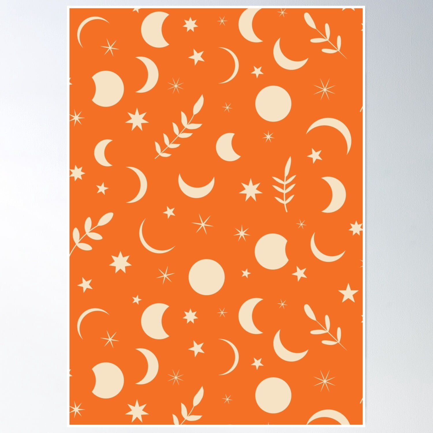 Boho Moon Phases Pattern With Leaves And Tiny Stars On Orange ...