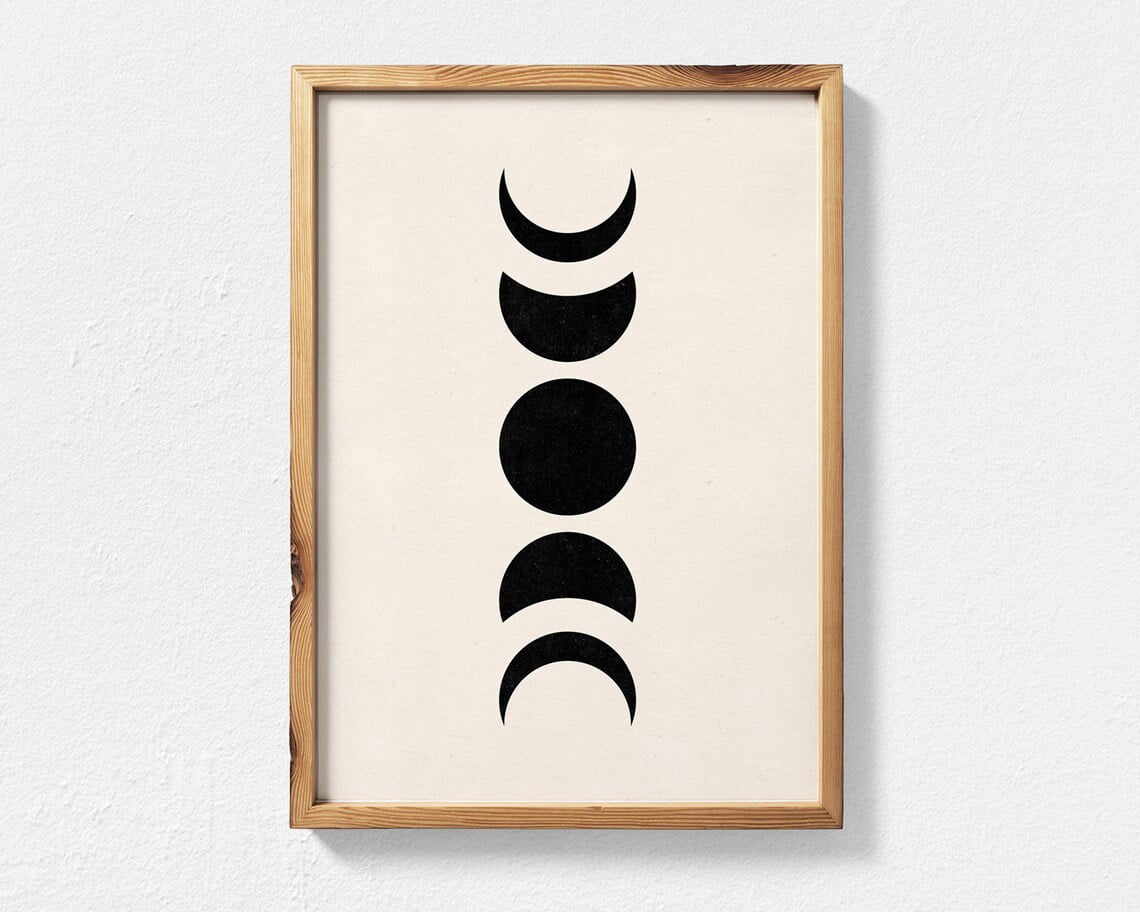Boho Moon Phases Wall Art, Mid Century Modern Moon Phase Art, Black And ...