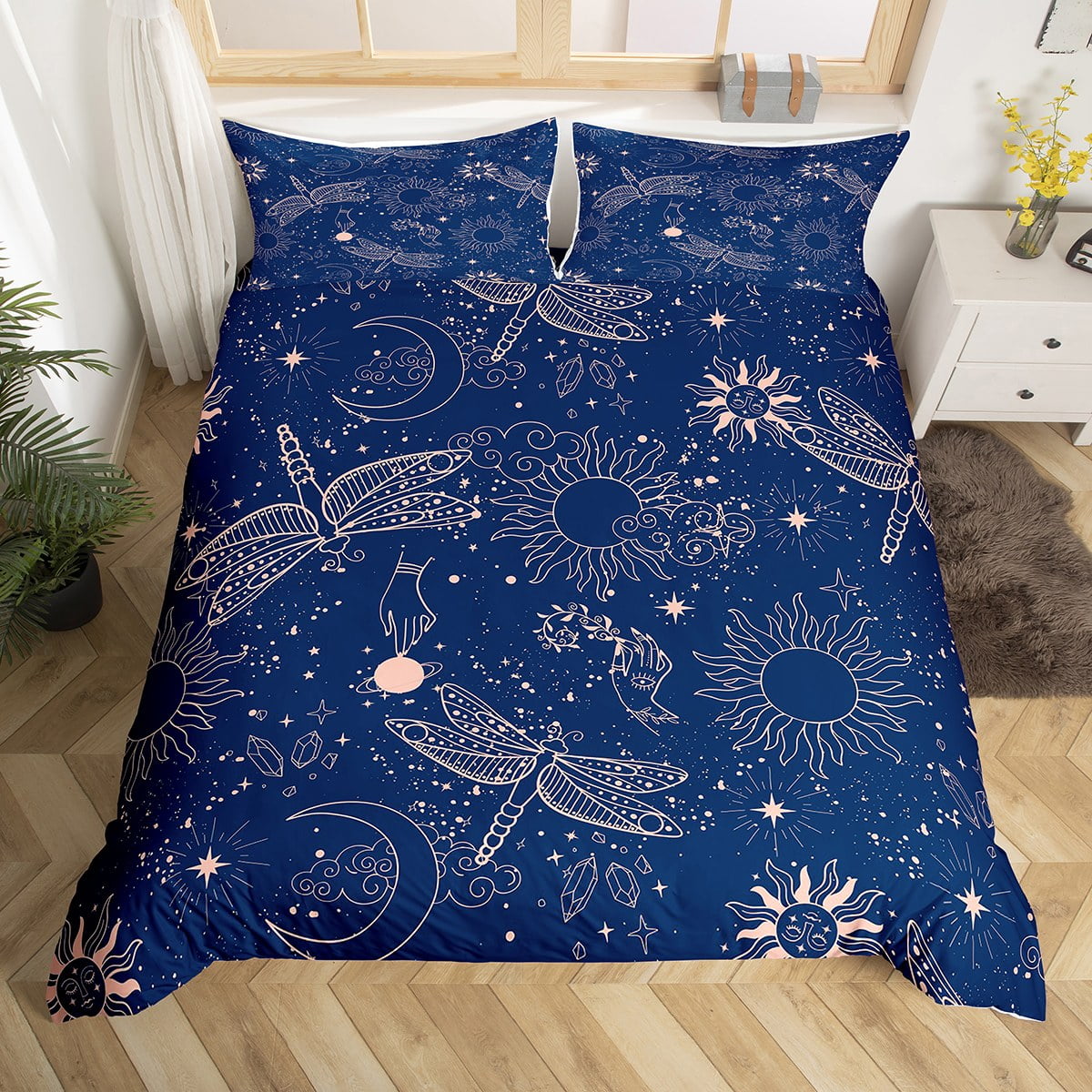 Boho Moon Sun Comforter Cover Full Bohemian Dragonflies Bedding Set ...