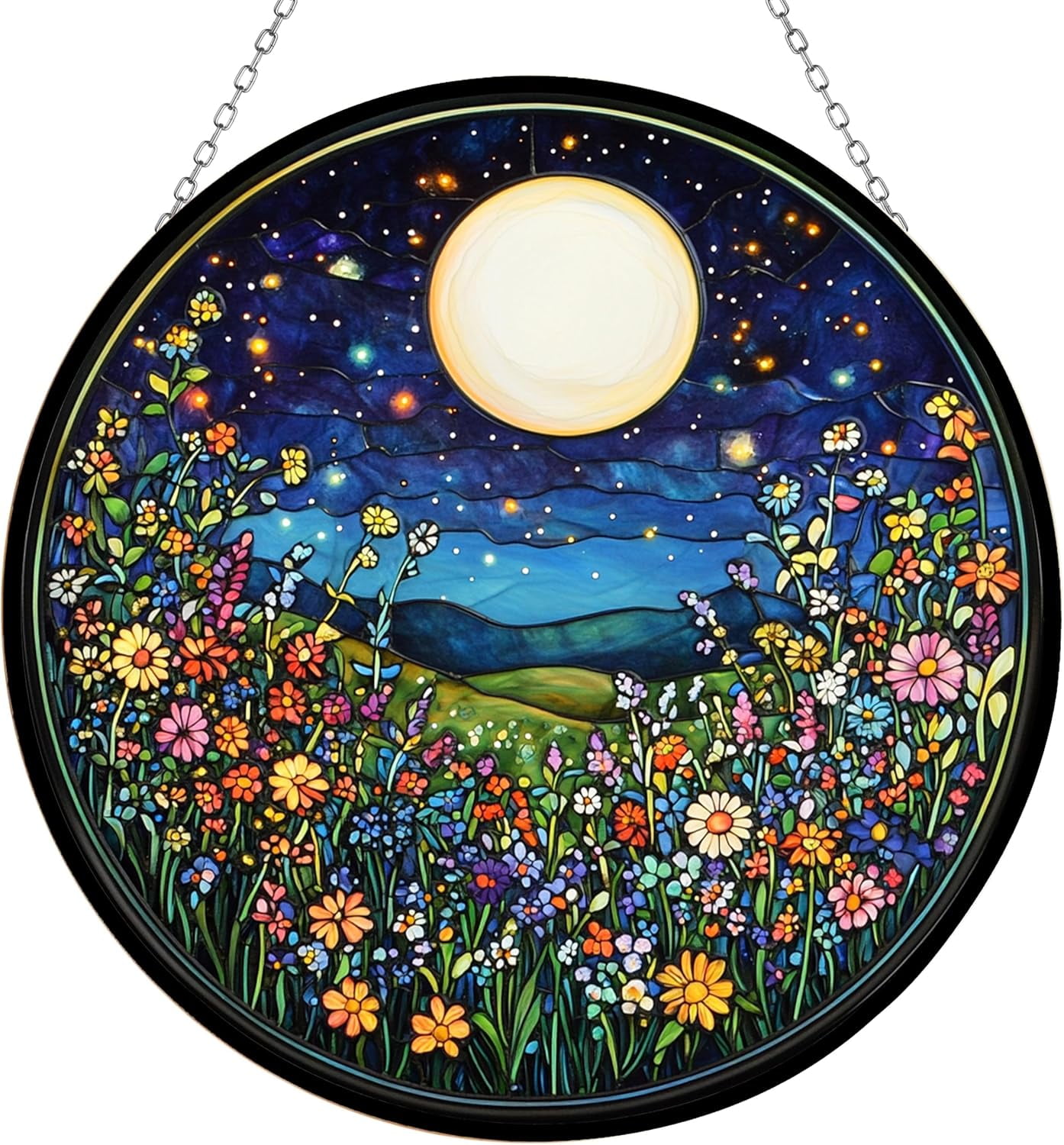 Boho Moonlit Wildflower Meadow Stained Glass Window Hanging Suncatcher ...