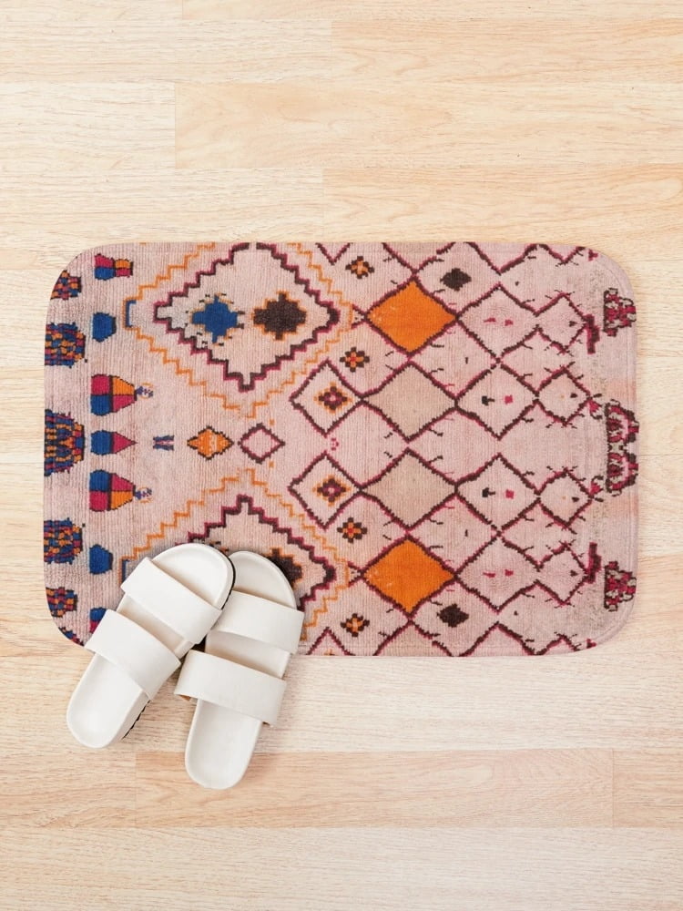 Boho Moroccan Pattern Bath Mat, Vintage Geometric Abstract Bathroom Rug ...