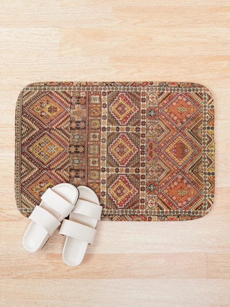 Boho Moroccan Pattern Bath Mat, Vintage Geometric Bathroom Rug, Earth ...
