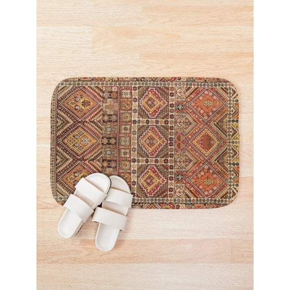 Boho Moroccan Pattern Bath Mat, Vintage Geometric Bathroom Rug, Earth ...