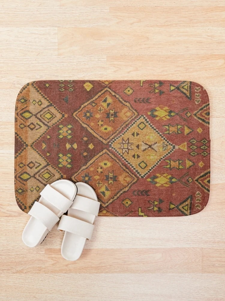 Boho Moroccan Pattern Bath Mat, Vintage Geometric Bathroom Rug ...
