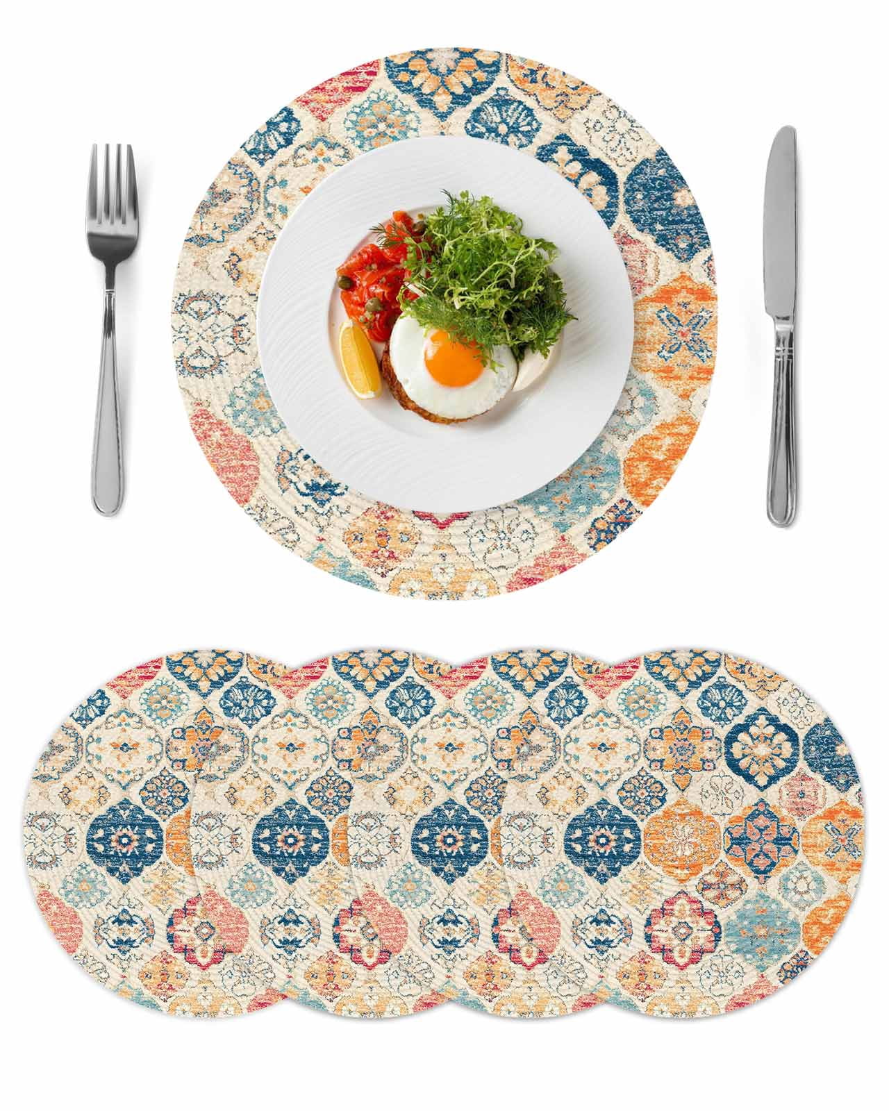 Boho Morocco Round 13 Inch Placemats Set of 4, Retro Farmhouse Ethnic ...