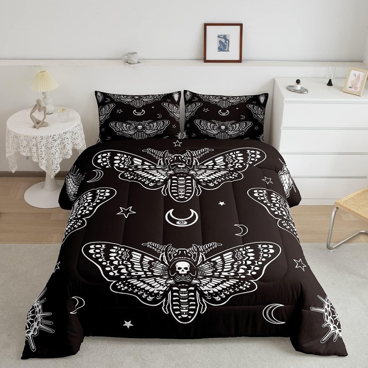 Boho Moth Comforter Set Full Size Men Gothic Skull Bedding Set Women ...
