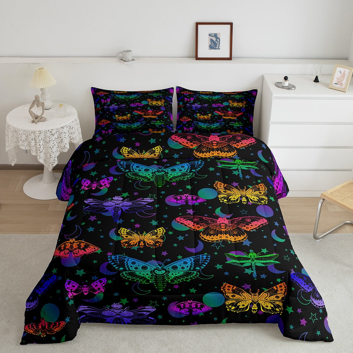 Boho Moth Comforter Set King Pink Butterfly Bedding Set, Psychedelic ...
