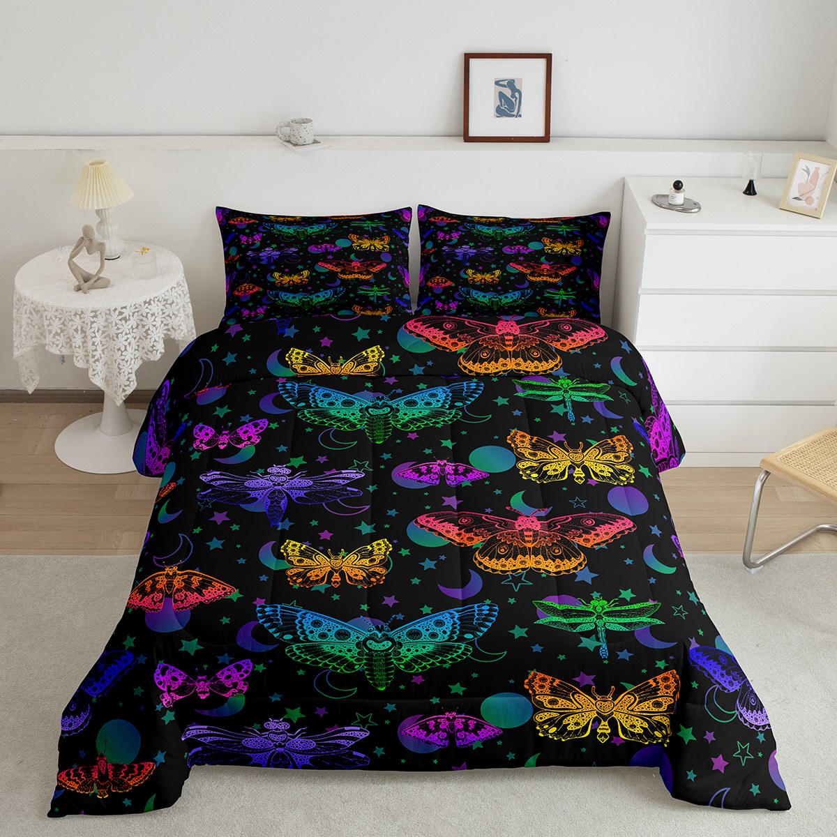Boho Moth Comforter Twin Pink Butterfly Bedding Set, Psychedelic Moon ...
