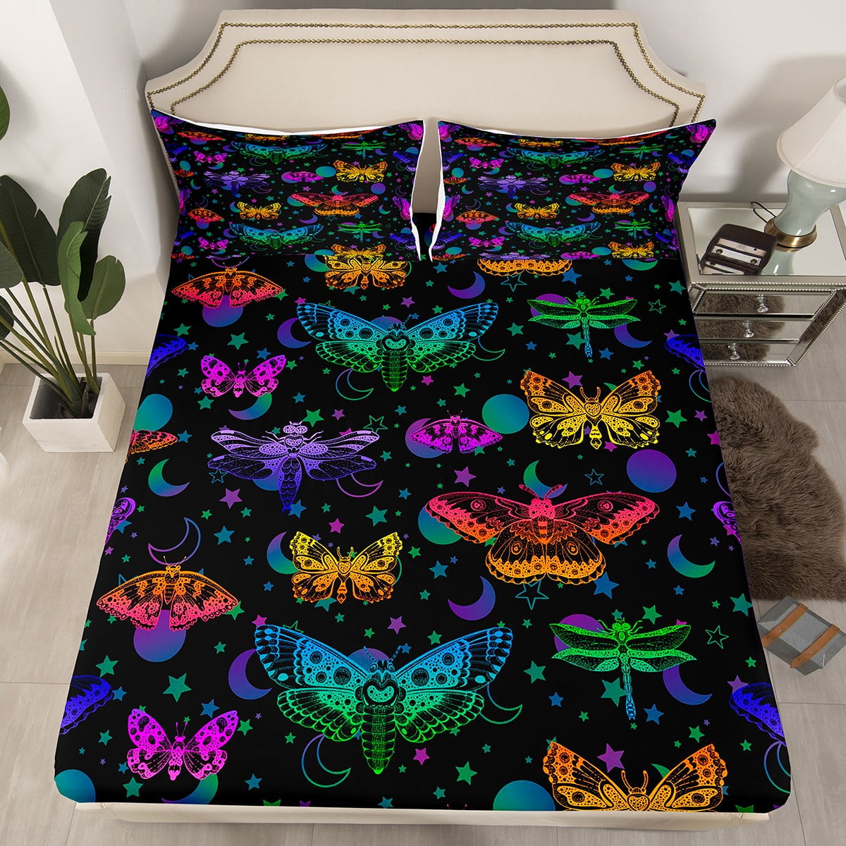 Boho Moth Queen Fitted Sheet Pink Butterfly Sheets, Psychedelic Moon ...