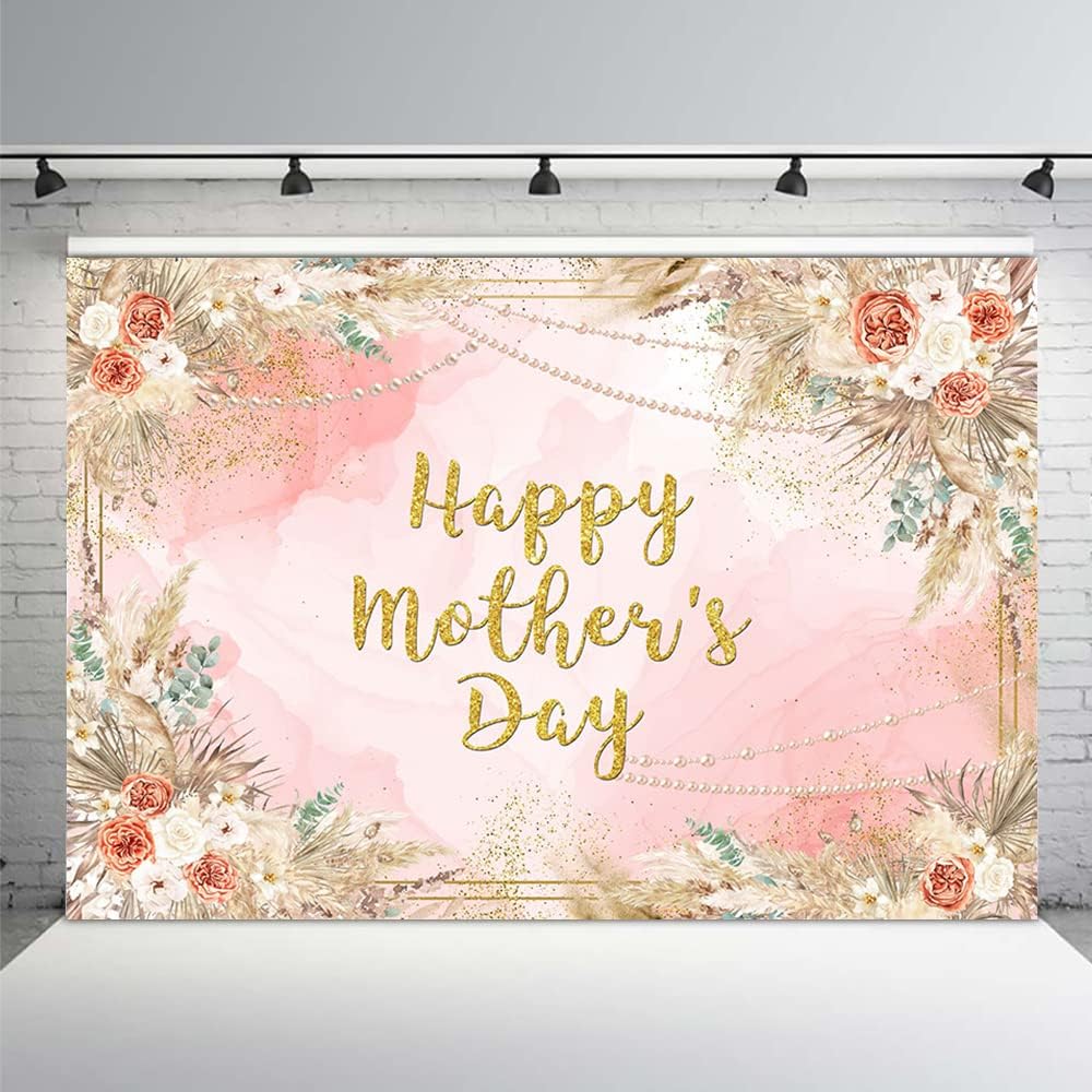Boho Mother's Day Backdrop I Love Mom Bohemia Pink Floral Happy Mothers ...