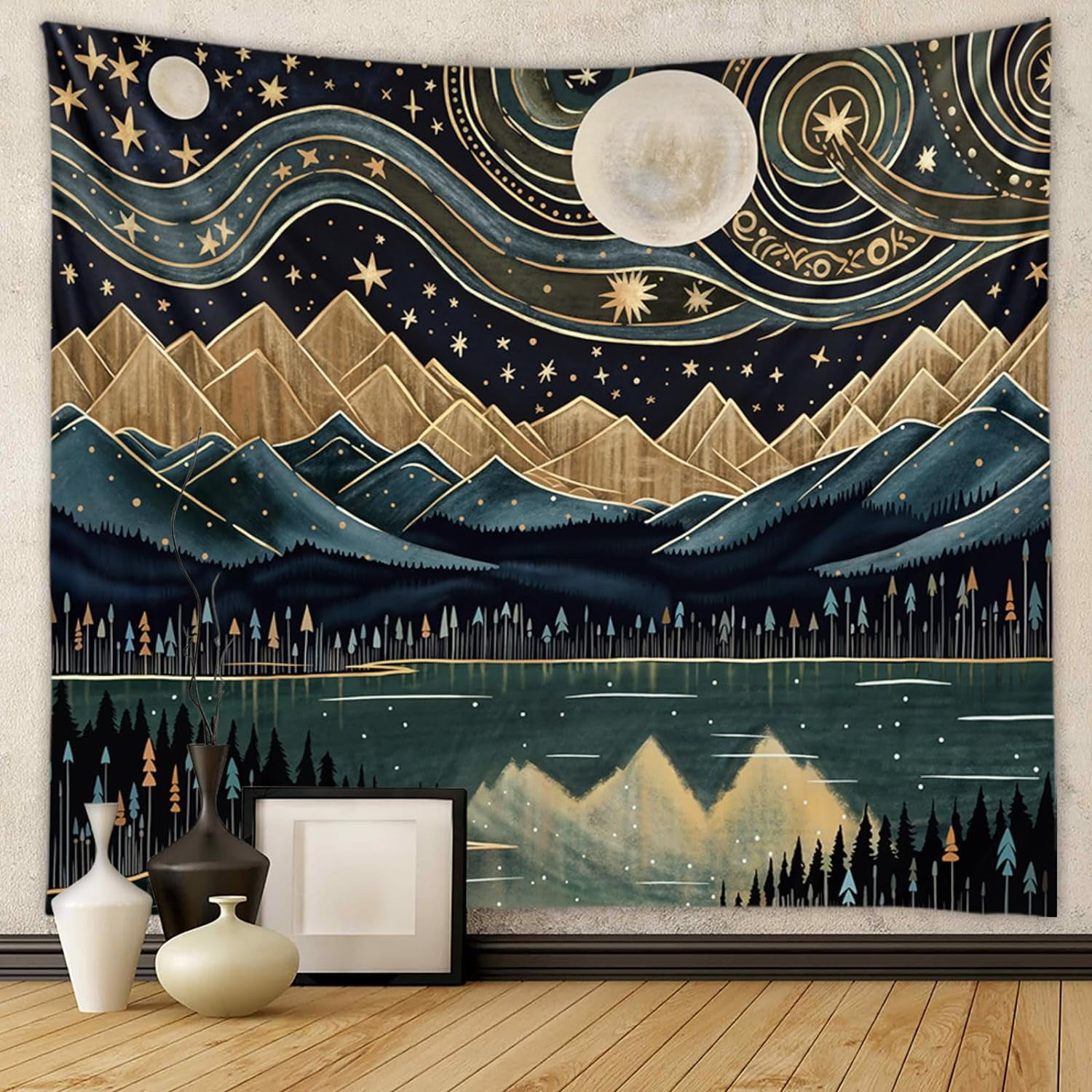 Boho Mountain Forest Landscape Moon and Stars Wall Tapestry for Bedroom ...