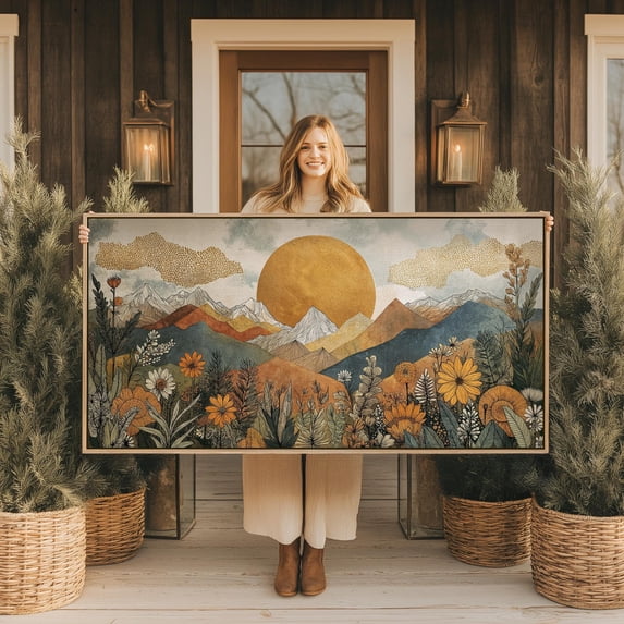 Boho Mountain Landscape Large Wall Art Horizontal Gold Poster With Sun ...