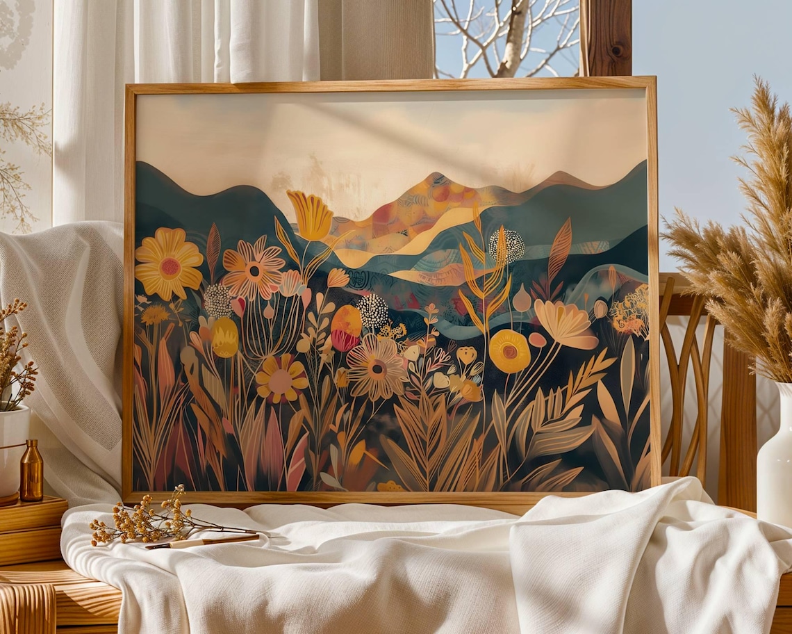 Boho Mountain Landscape Wall Art, Boho Flower Wall Art, Summer ...
