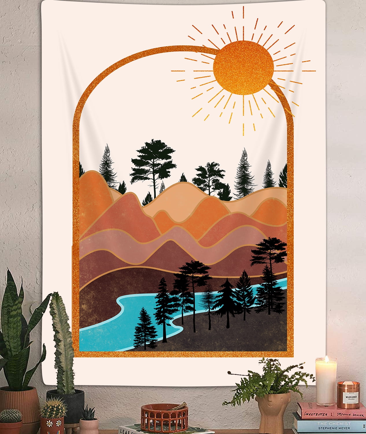 Boho Mountain Vertical Tapestry, Nature Forest Tree Lake Sun Tapestries ...