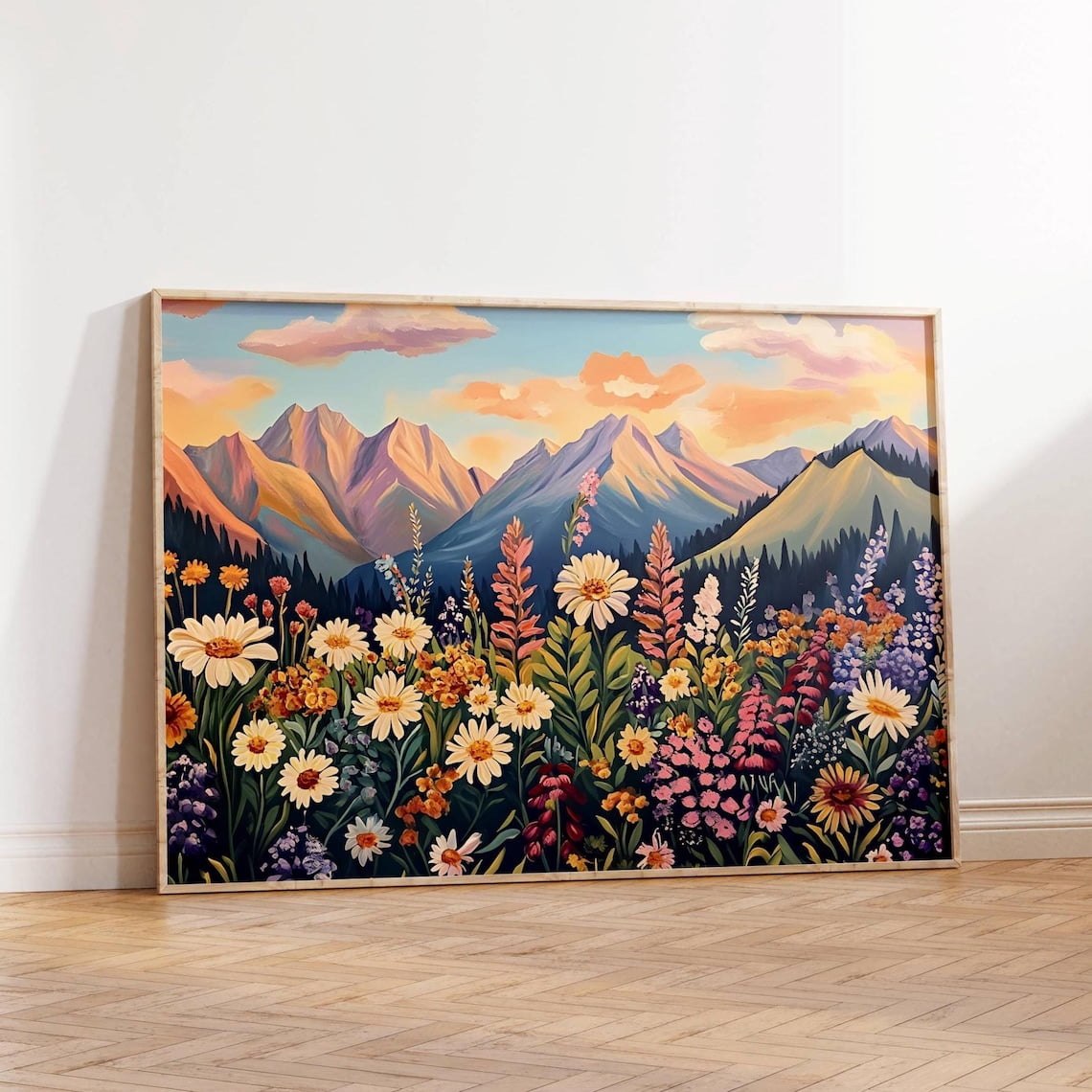 Boho Mountain Wildflower Landscape Poster, Mountain Sunset Landscape ...