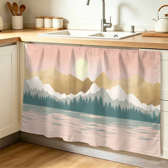 Boho Mountains Cabinet Curtain 28"W x 51"L, Abstract Gold Sun Forest ...