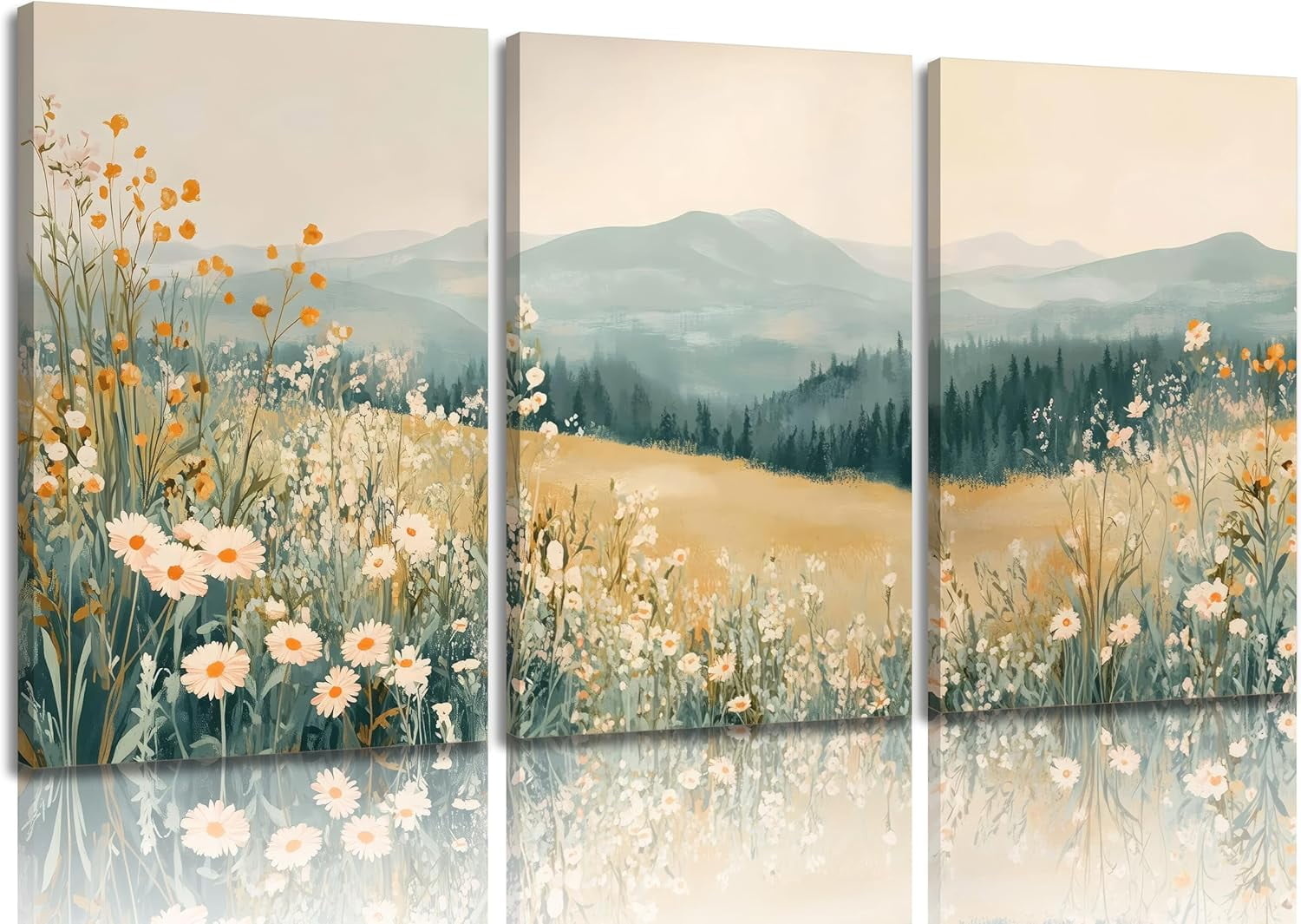 Boho Mountains Flower Canvas Wall Art Daisy Wildflower Landscape ...