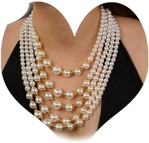 Boho Multilayered Strand Faux Pearls Choker Necklace Flapper Beads ...