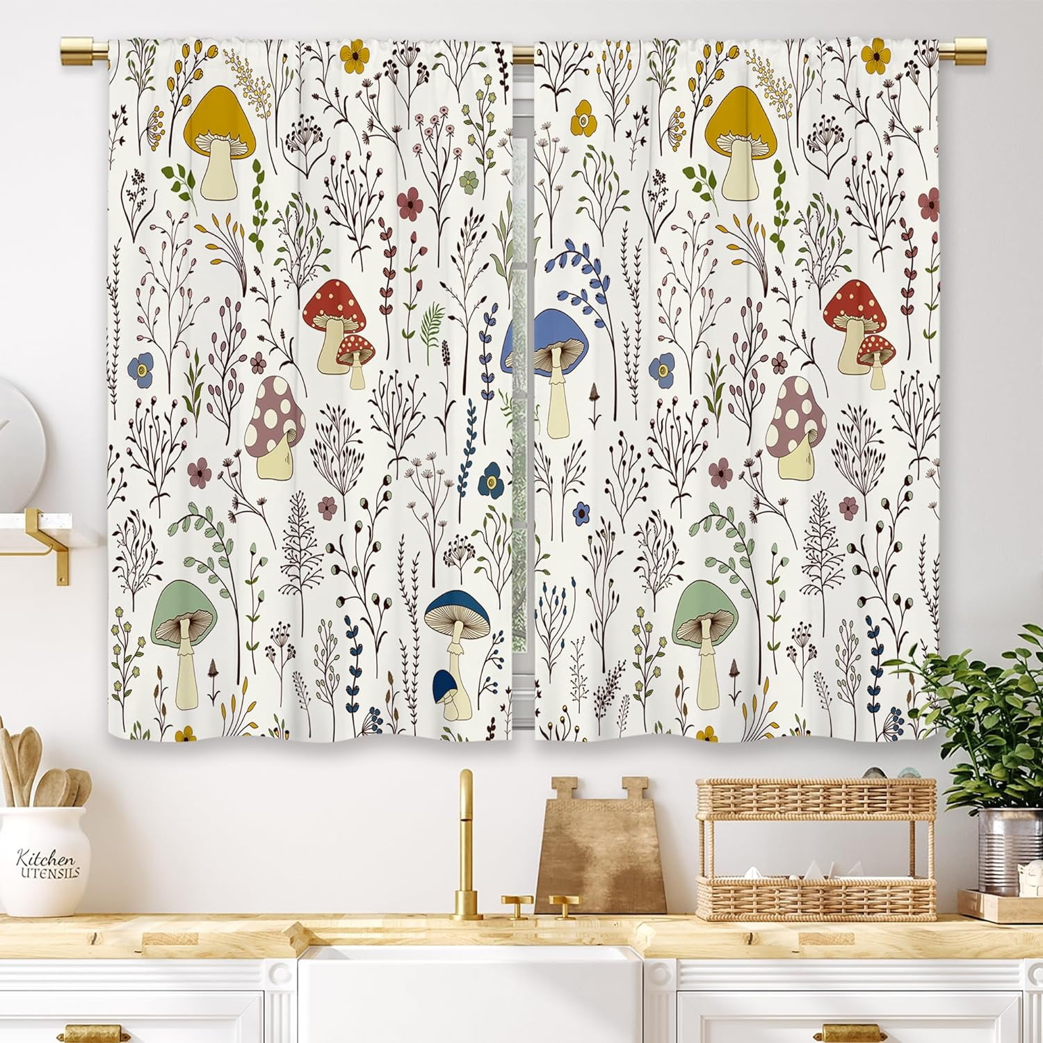 Boho Mushroom Botanical Kitchen Curtains Colorful Mushroom Green Leaves ...