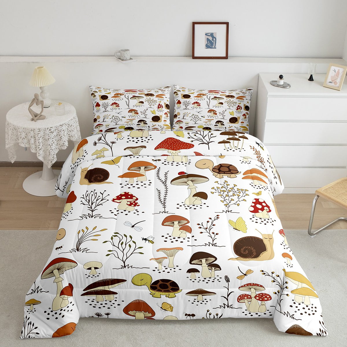 Boho Mushroom Comforter Set King Butterfly Dragonfly Bedding Set Turtles Bee Bedding Comforter ...