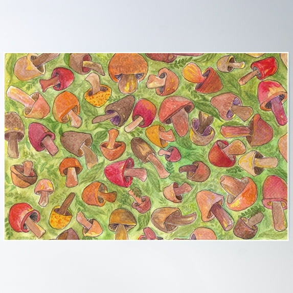 Boho Mushroom Doodles And Watercolors Poster Wall Art, Modern Wall ...