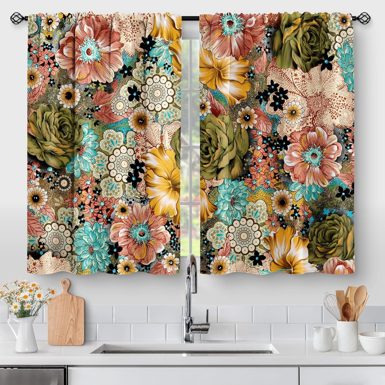 Boho Mushroom Kitchen Curtains - Retro Rustic 70s Hippie Fantasy ...