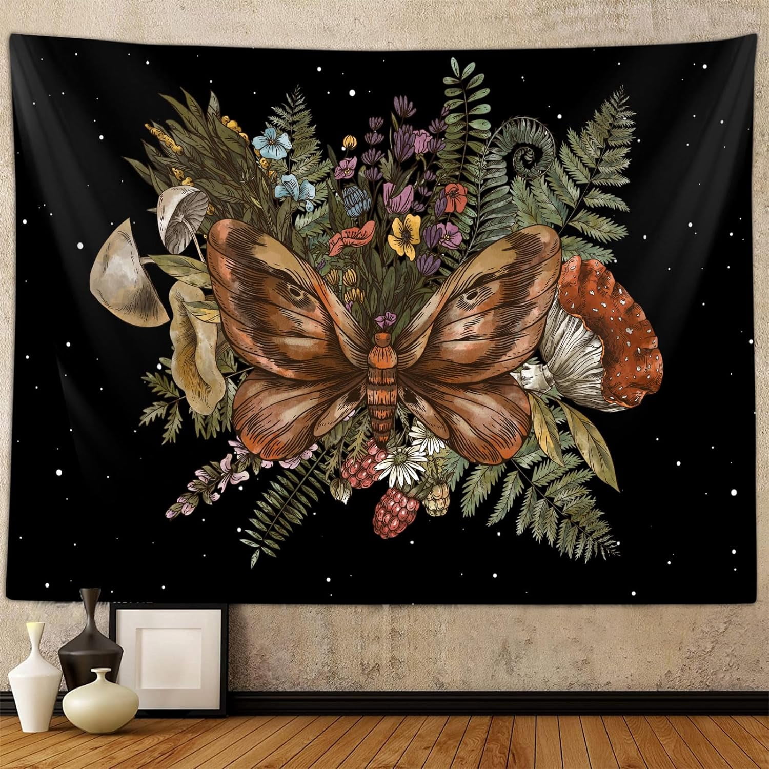 Boho Mushroom Moth Tapestry for Girls Bedroom Aesthetic, Vintage ...