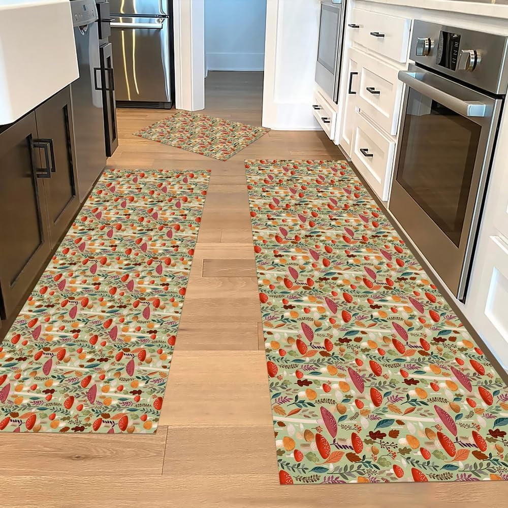 Boho Mushroom Print Kitchen Rugs Sets of 3,Non Slip Rubber Kitchen Mats ...