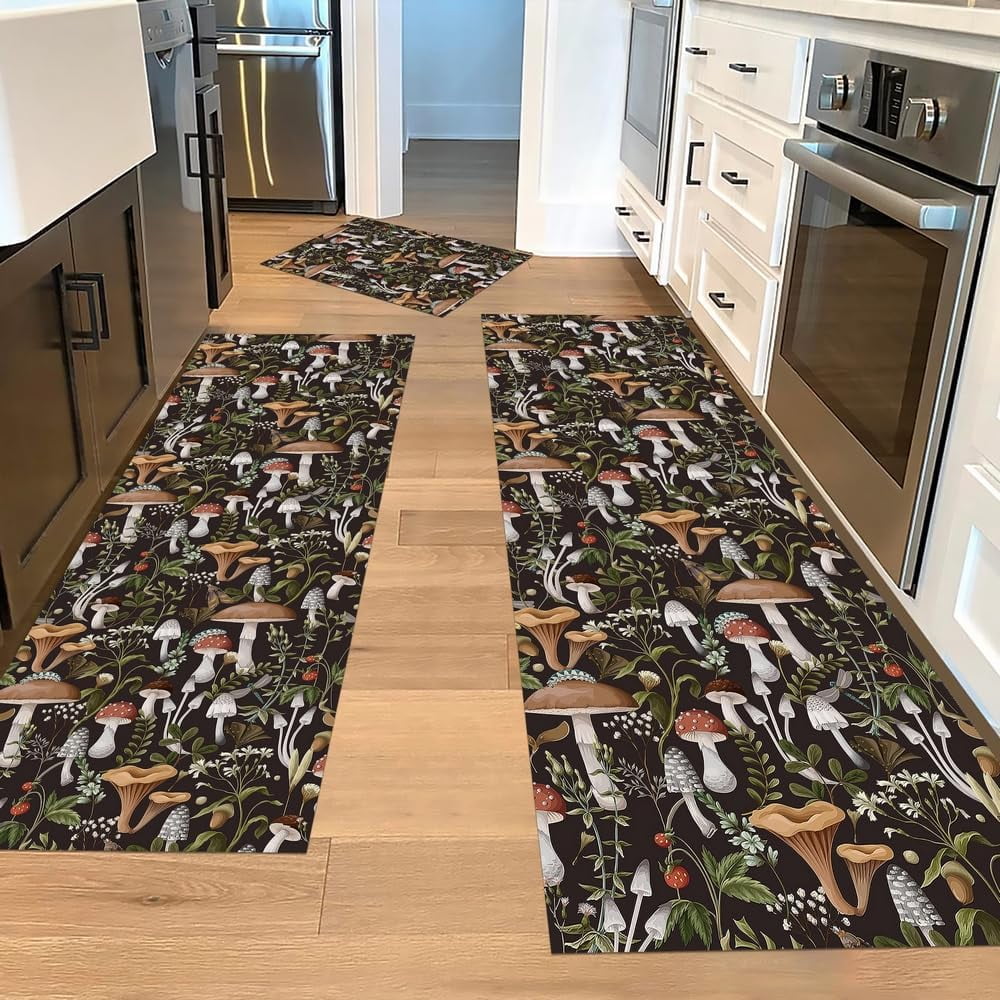 Boho Mushroom Print Kitchen Rugs Sets of 3,Non Slip Rubber Kitchen Mats ...