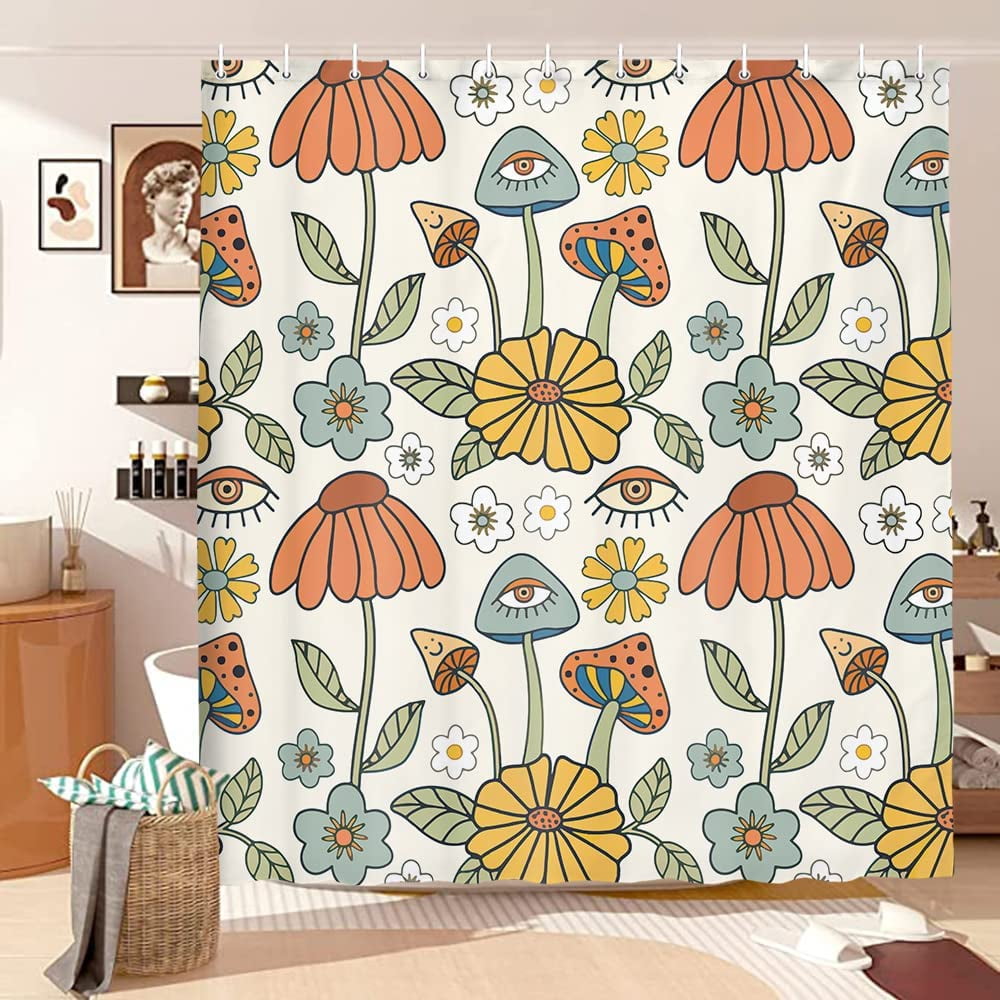 Boho Mushroom Shower Curtain Retro 70S 60S Floral Shower Curtain for Bathroom Abstract Plants ...