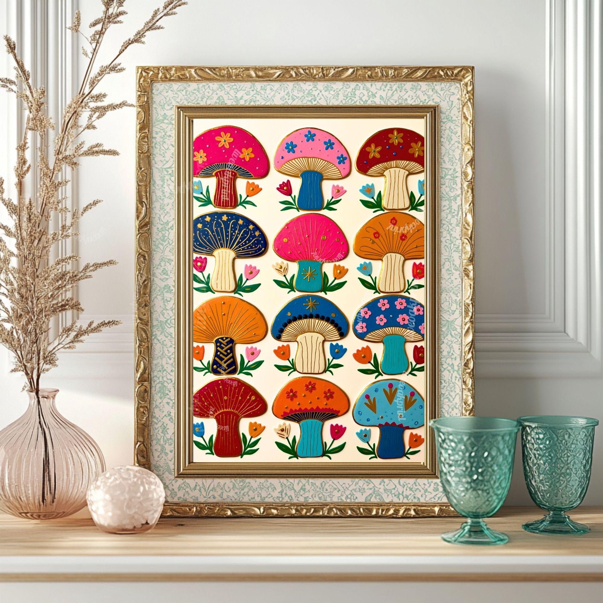 Boho Mushrooms Wall Print Colorful Folk Wall Art Mushroom Gift Living ...