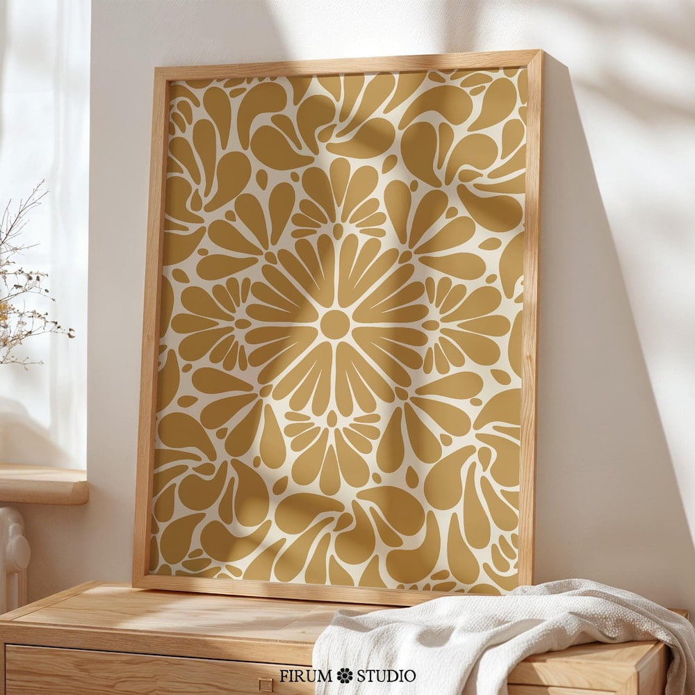 Boho Mustard Yellow Floral Art, Earth Tone Home Decor, Organic Bohemian ...