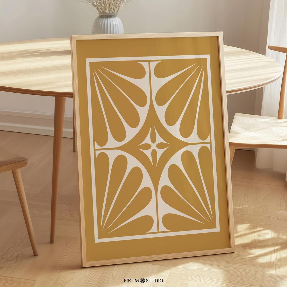Boho Mustard Yellow Floral Print Modern Abstract Art Eclectic Apartment ...