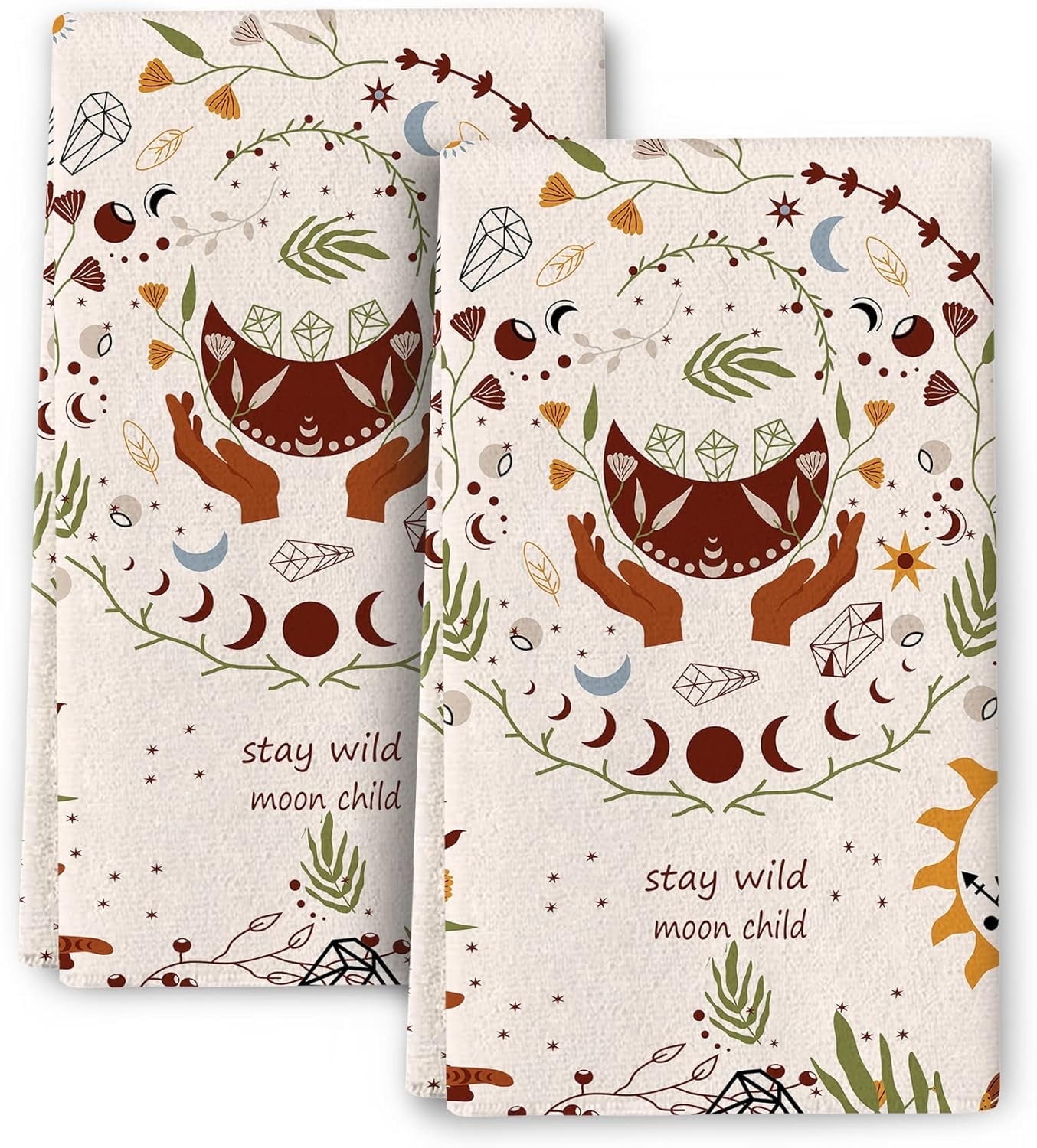 Boho Mystical Style Sun Moon Stars Kitchen Towel Set of 2 Soft ...
