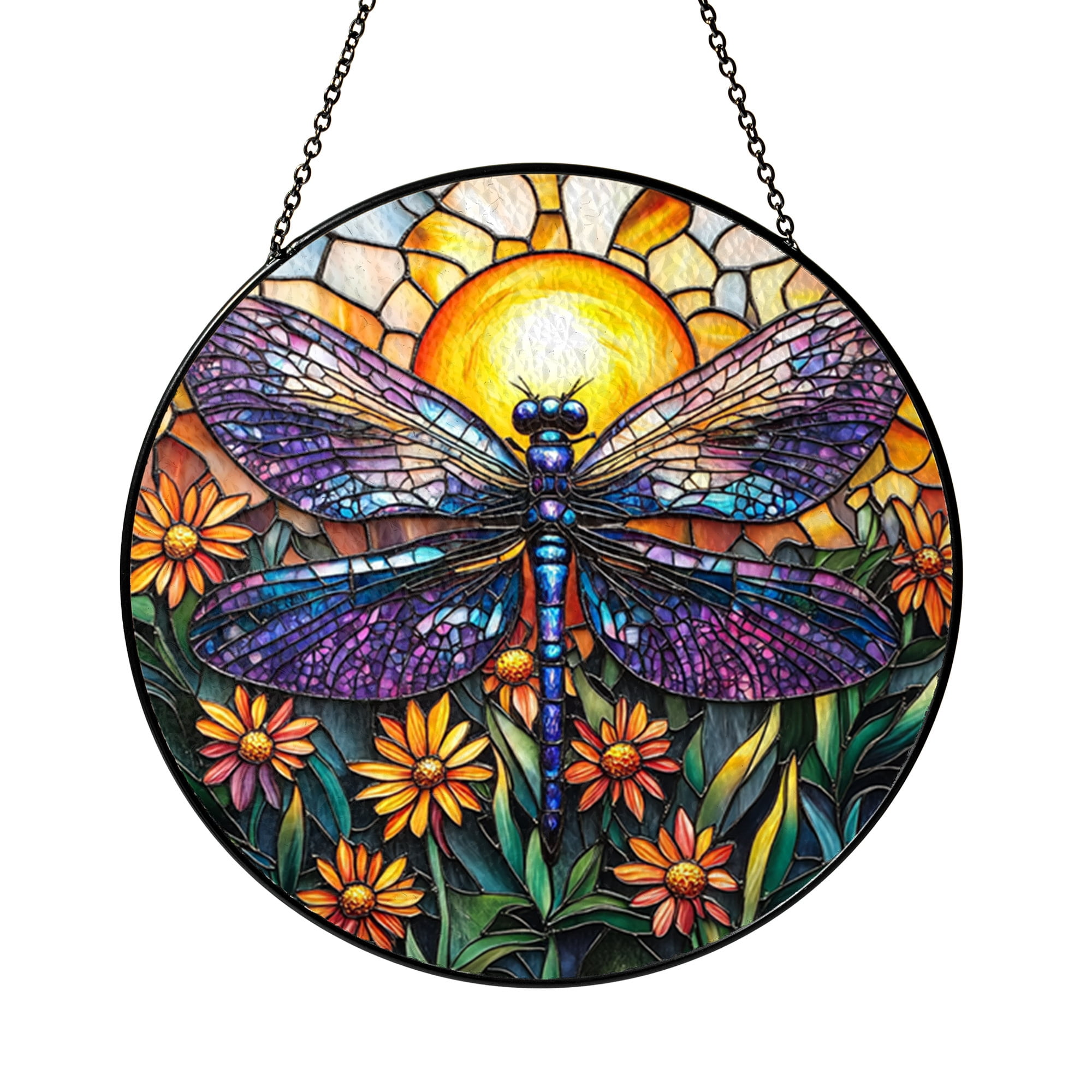 Boho Nature Dragonfly Window Hanging, Floral Faux Stained Glass Sun ...
