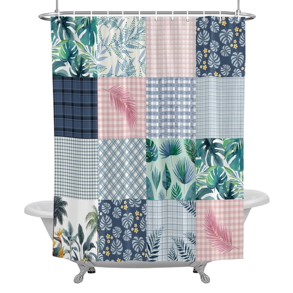 Boho Nature Shower Curtain, Coastal Botanical Patchwork Tropical Leaf ...