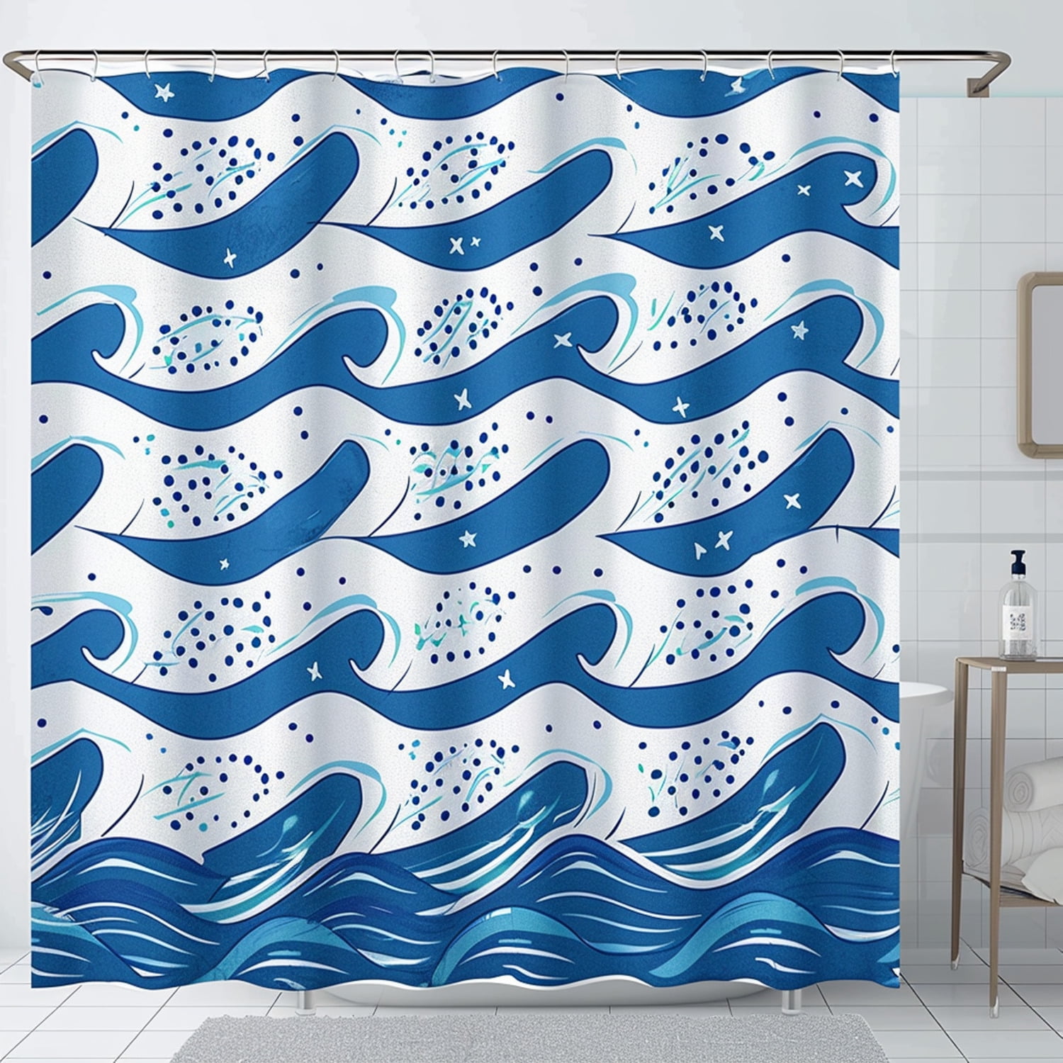 Boho Nautical Wave Shower Curtain: Vintage Hand-Drawn Style Sea Life ...