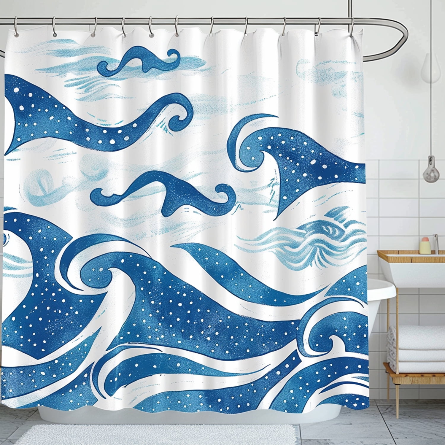 Boho Nautical Waves Shower Curtain with Vintage Hand-Drawn Blue and ...