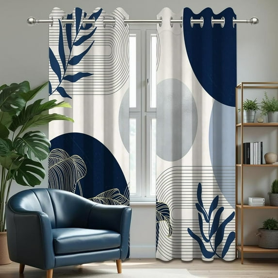 Boho Navy Blue And White Blackout Curtains, Mid Century Modern Dark ...