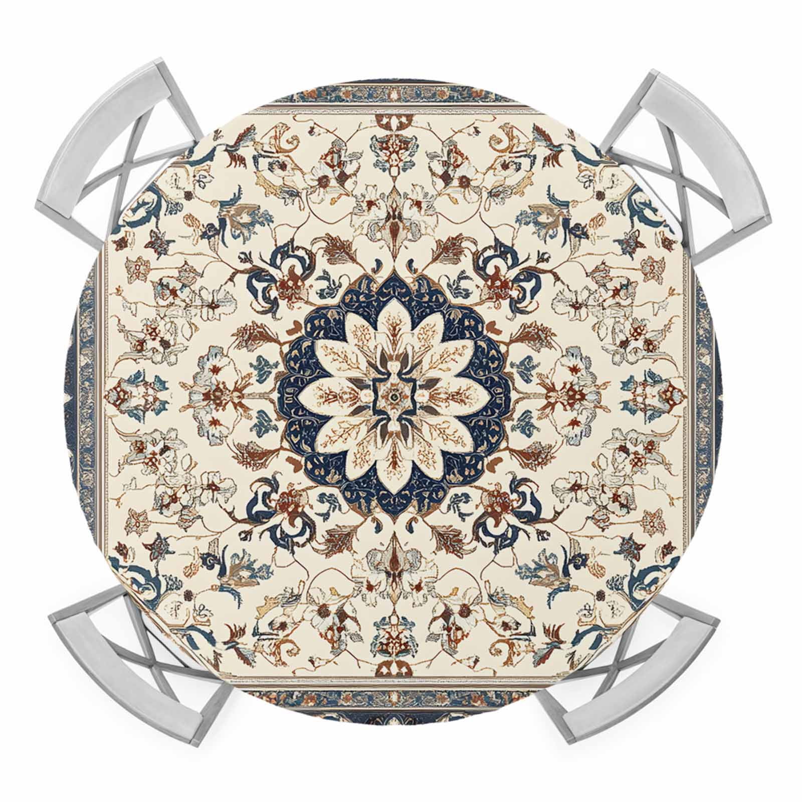 Boho Navy Blue Brown Round Tablecloth for 45-54 Inch Tables, Fitted ...