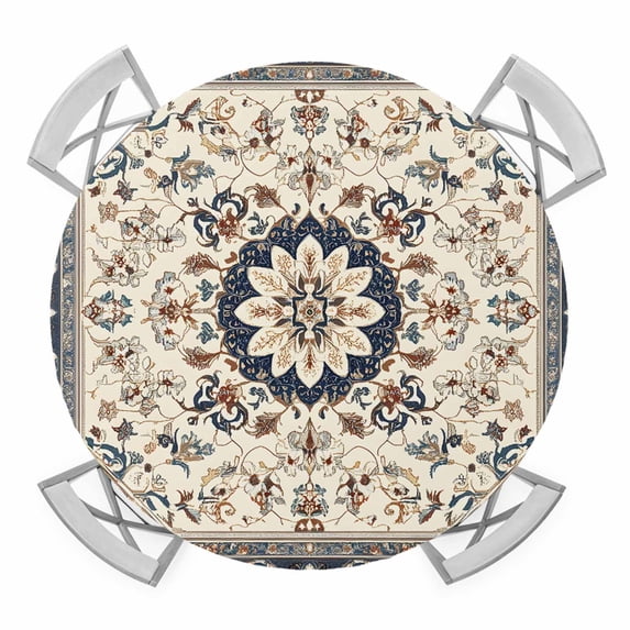 Boho Navy Blue Brown Round Tablecloth for 45-54 Inch Tables, Fitted ...