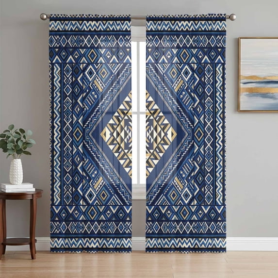 Boho Navy Blue Brown Sheer Curtains 84 Inch Length 2 Panels Set, Ethnic ...
