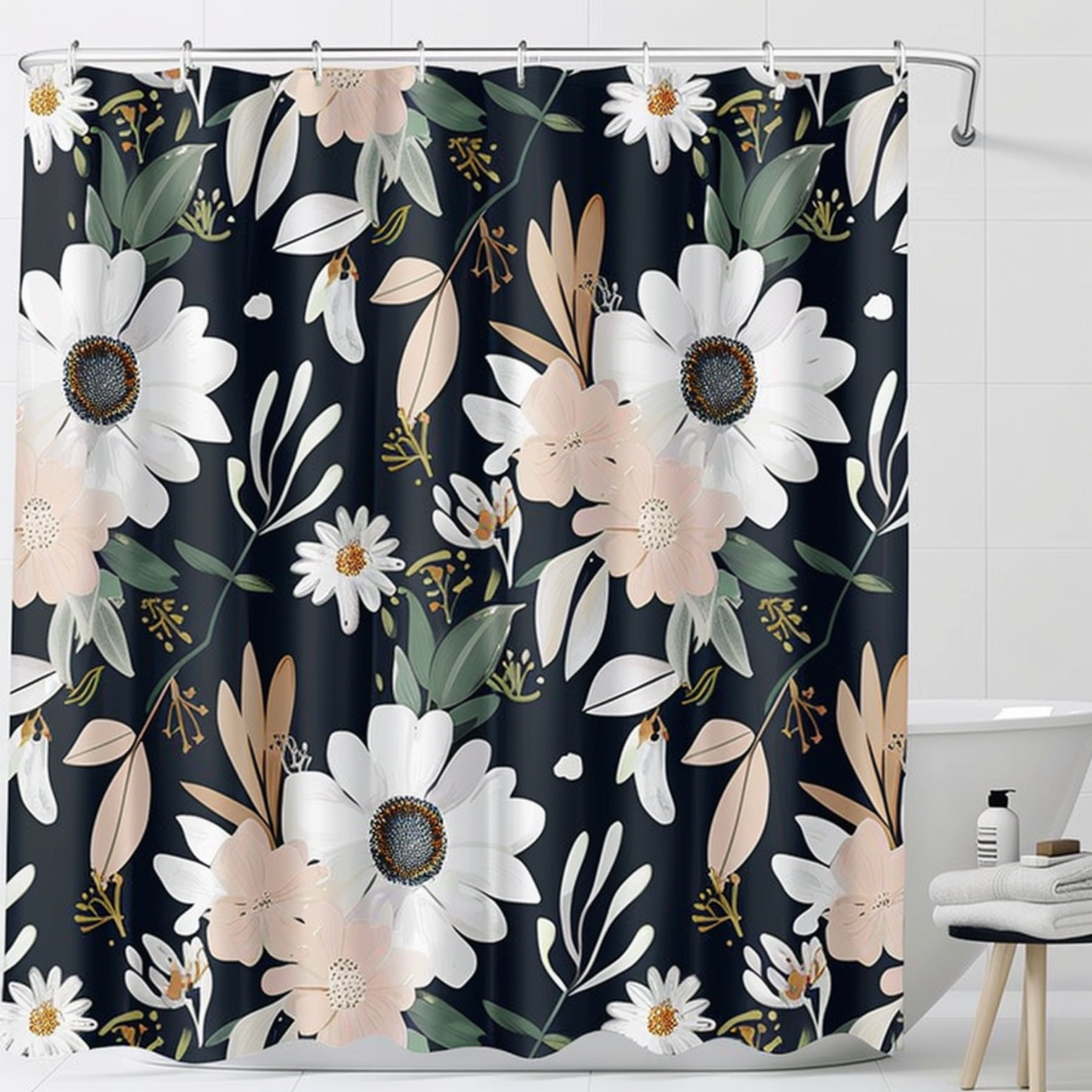 Boho Navy Blue Daisy Flower Shower Curtain Set Vintage Floral Print