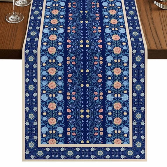Boho Navy Blue Floral Burlap Cotton Table Runner 13x70 Inches Long ...