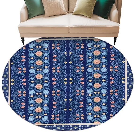 Boho Navy Blue Floral Washable Round Rug 6ft Area Rug for Living Room ...