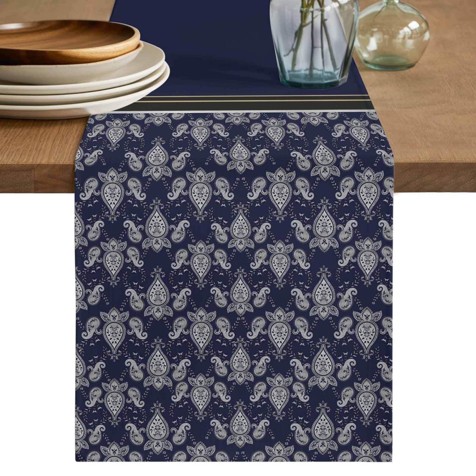 Boho Navy Blue Flower Table Runner 48 Inches, Abstract Bohemia Pesley ...