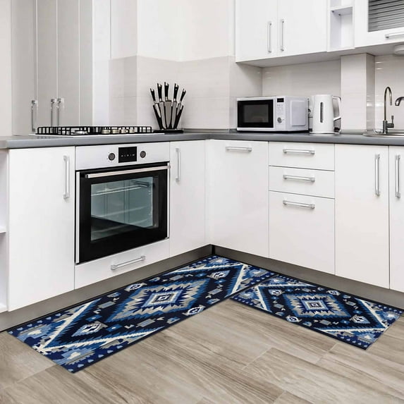 Boho Navy Blue Grey 2 Pieces Non-Slip Kitchen Mat Set Ethnic Geometric ...