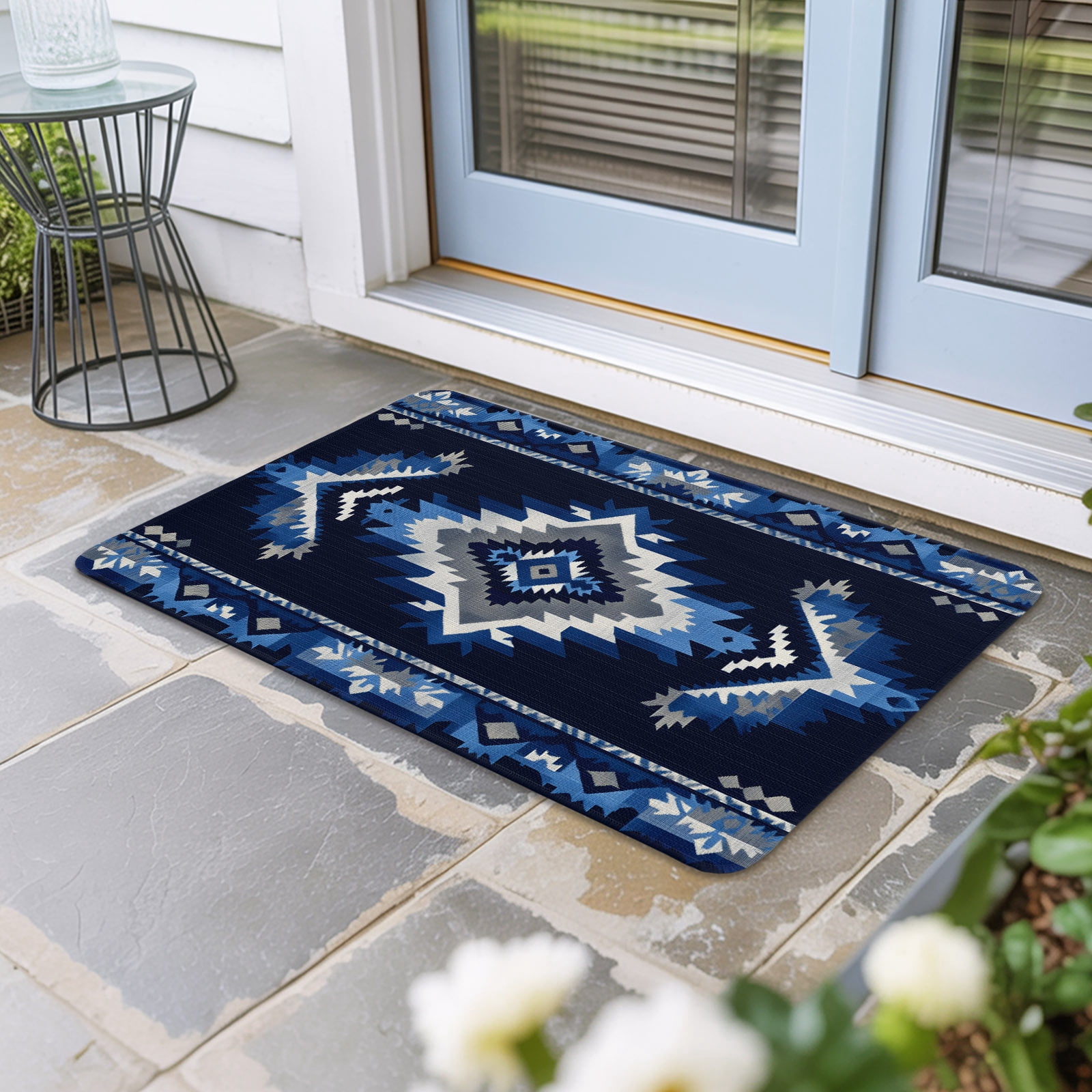 Boho Navy Blue Grey Door Mat Indoor Outdoor,Ethnic Geometric ...